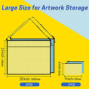 BERYA 2 Pcs Art Portfolio Bag, 19x25 Inches Artwork Storage Case with Handle and Zipper, Large Clear Waterproof Poster Storage Bag for Posters Artwork Bulletin Board (Yellow and Blue)