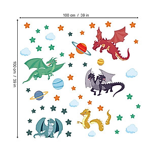decalmile Cute Dragon Wall Decals Planets Stars Wall Stickers Playroom Boys Bedroom Kids Room Wall Decor
