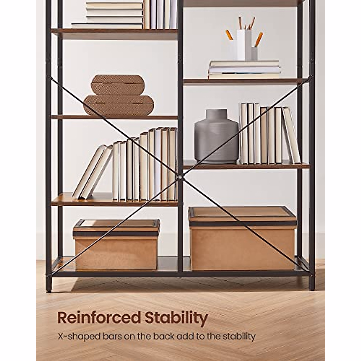 VASAGLE Bookshelf, 5 Tier Bookcase, Free-Standing Shelf, for Bedroom, Living Room, Office, Study, 11.8 x 39.4 x 66.9 Inches, Easy Assembly, Industrial Style, Rustic Brown and Black ULLS155B01