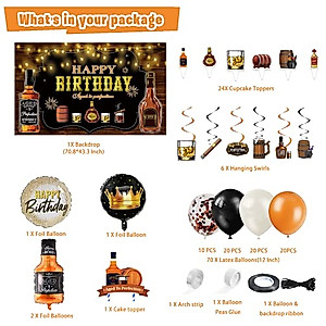 Whiskey Birthday Party Decorations for Men, 110 Pcs Aged to Perfection Party Supplies Balloons Garland Arch Kit for Mens 30th 40th 50th - Backdrop, Cake, and Cupcake Toppers, Latex Balloon, Foil Balloon, Hanging Swirls