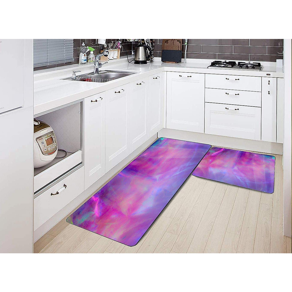 Musesh 2 Pieces Soft Kitchen Rugs,Holographic Background Light Reflection Rainbow Colors Pattern Magical Marbling Iridescent Effect Washable Long Kitchen Mat Set 17"X48"+17"X24" Rugs for Kitchen Floor
