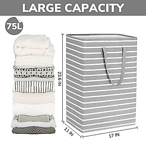 Goodpick Laundry Hamper Large 3-Pack Collapsible Laundry Baskets Tall Dirty Clothes Hampers for Laundry Toy Storage Towel Blanket Baskets for Organizing in Bathroom, Bedroom, Dorm, 75L, Grey & White