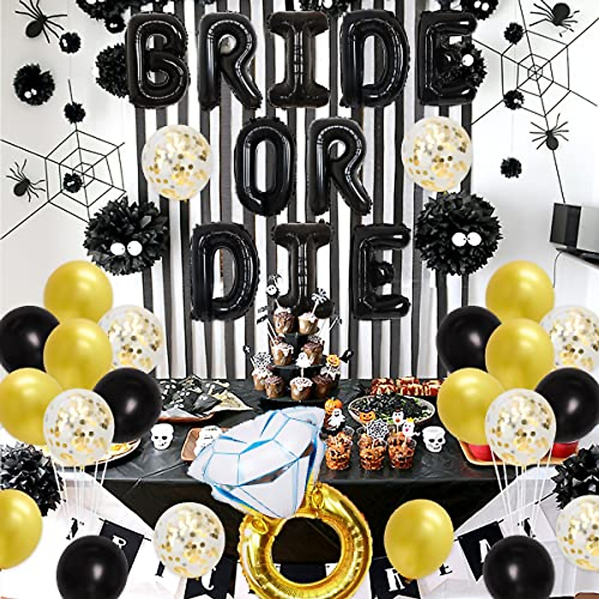 Bachelorette Party Decorations Black and Gold - Black Bride or Die Balloon Banner Diamond Ring Foil Balloon for Funny Bachelorette Hen Engagement Party Bridal Shower Supplies