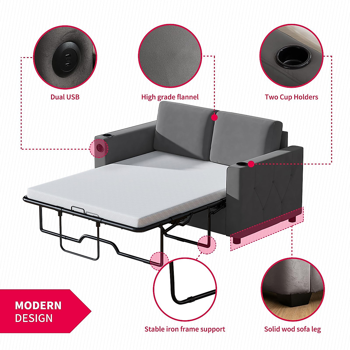 MUZZ Pull Out Couch Bed, 2 in 1 Sleeper Sofa Bed with Cup Holder & USB, Modern Velvet Sofa Bed with Foam Matress for Living Room, Apartment, Office(Queen/Dark Grey)