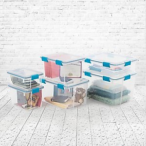 Sterilite 12 Qt Gasket Box, Stackable Storage Bin with Latching Lid and Tight Seal, Plastic Container to Organize Basement, Clear Base and Lid, 6-Pack