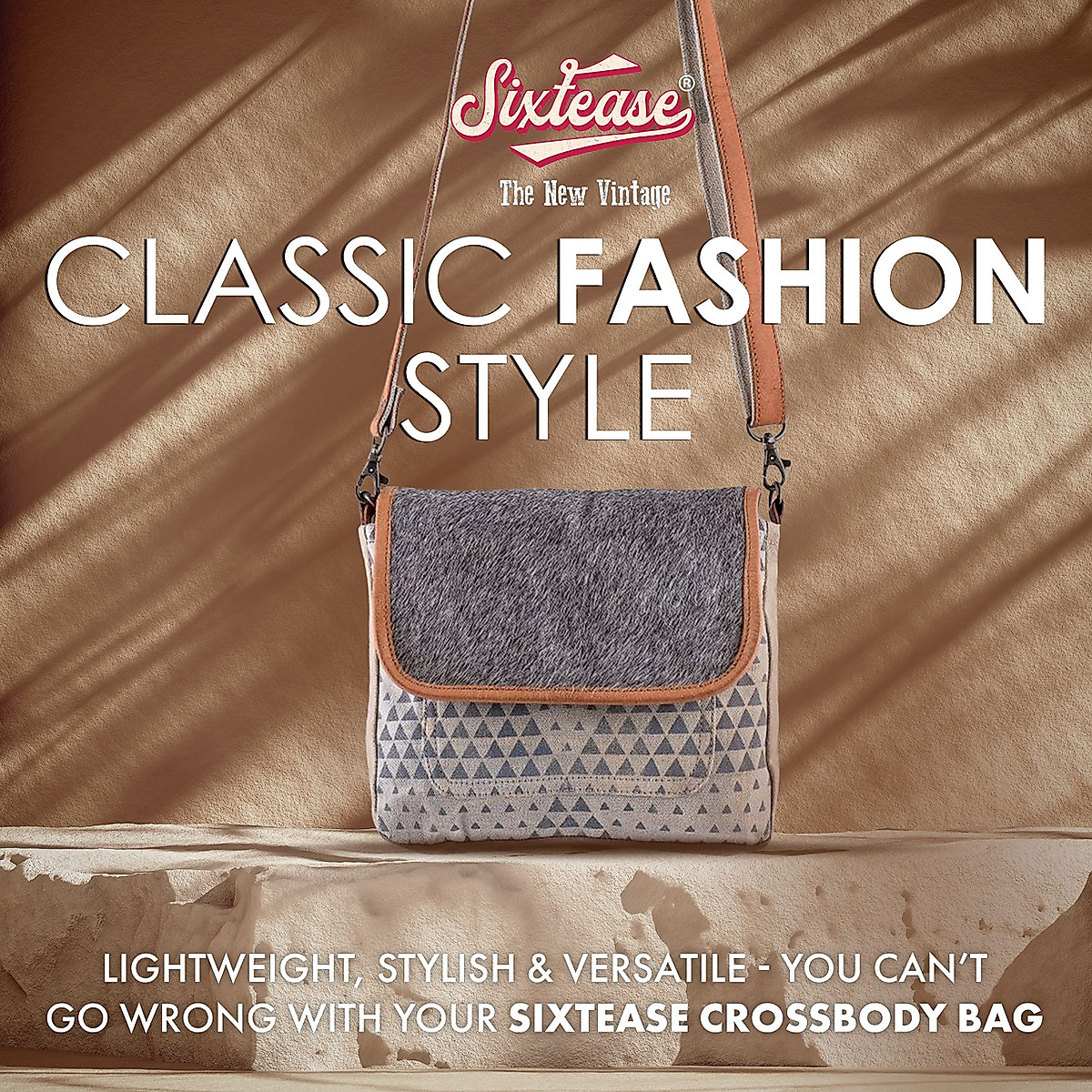 SIXTEASE Crossbody Bag for Women Vintage Style Genuine Leather, Upcycled Canvas, Rug, or Hair On - Cross Body Womens Bags with Inside Zipper Pockets - Triangular Fusion