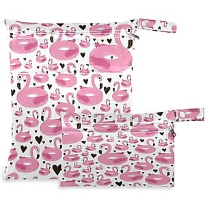 visesunny Abstract Pink Flamingo Black Heart 2Pcs Wet Bag with Zippered Pockets Washable Reusable Roomy for Travel,Beach,Pool,Daycare,Stroller,Diapers,Dirty Gym Clothes, Wet Swimsuits, Toiletries
