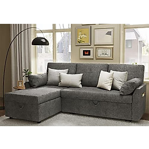 PaPaJet Sleeper Sofa Couch A, 2 in 1 Sofa Bed with Storage Chaise-Pull Out Couch Bed for Living Room, Sleeper Couch with Pull Out Bed Gray