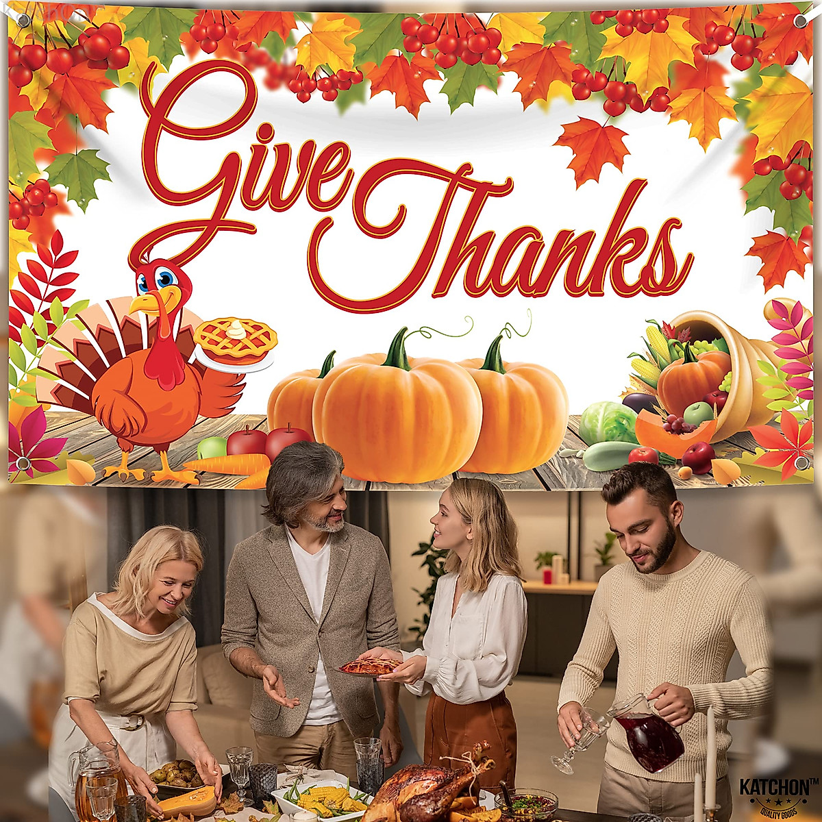 KatchOn, Give Thanks Banner - XtraLarge, 72x44 Inch | Thanksgiving Backdrop for Thanksgiving Decorations | Thanksgiving Wall Banner | Happy Thanksgiving Banner for Thanksgiving Party Decorations