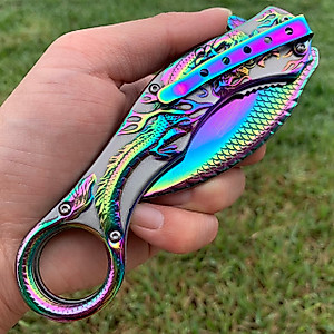 Super Knife Dark Side Blades Dragon Knife 9-'' Spring Assisted Folding Pocket Knife Color Coated. Fantasy Knife for Hunting, Camping (Rainbow)