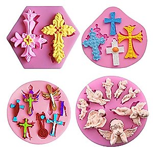 HiParty Cross Cake Fondant Mold, Angel with Wings Silicone Gum Paste Mold, Baptism Party Cake Pop Cupcake Topper Decoration Supplies Polymer Clay Resin Mold Baby Shower Chocolate Candy Mold