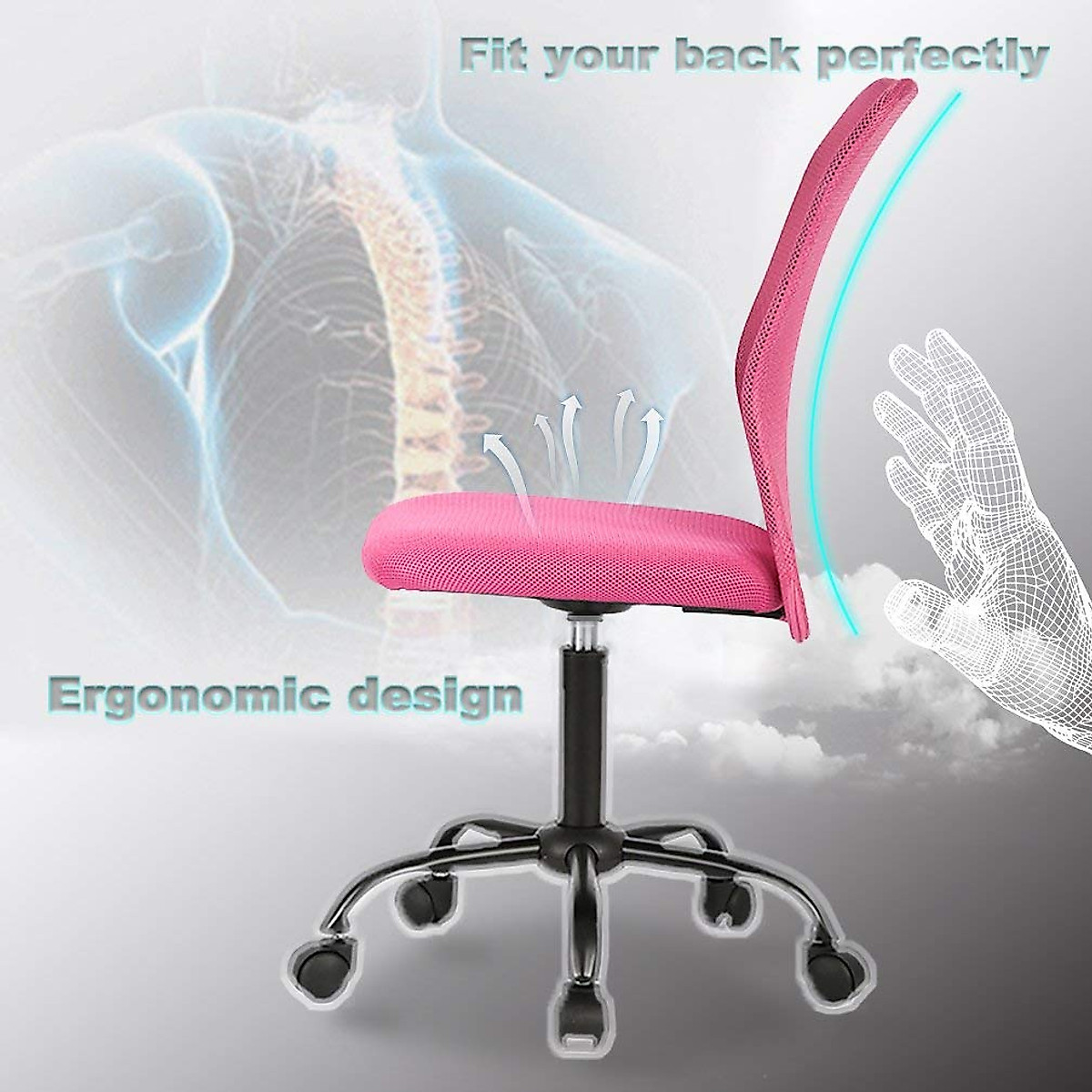 Ergonomic Office Chair Cheap Desk Chair Mesh Computer Chair with Lumbar Support No Arms Swivel Rolling Executive Chair for Back Pain,Pink 2 Pack