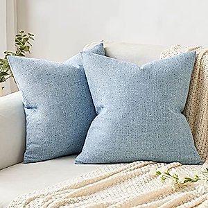 MIULEE Pack of 2 Decorative Linen Burlap Pillow Cover Square Solid Throw Cushion Case for Sofa Car Couch 18x18 Inch Light Blue