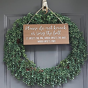 Baby Sleeping Sign for Front Door - Funny No Soliciting 6x12 Hanging Wood Plaque - Please Do Not Knock or Don't Ring Doorbell Dogs Will Bark