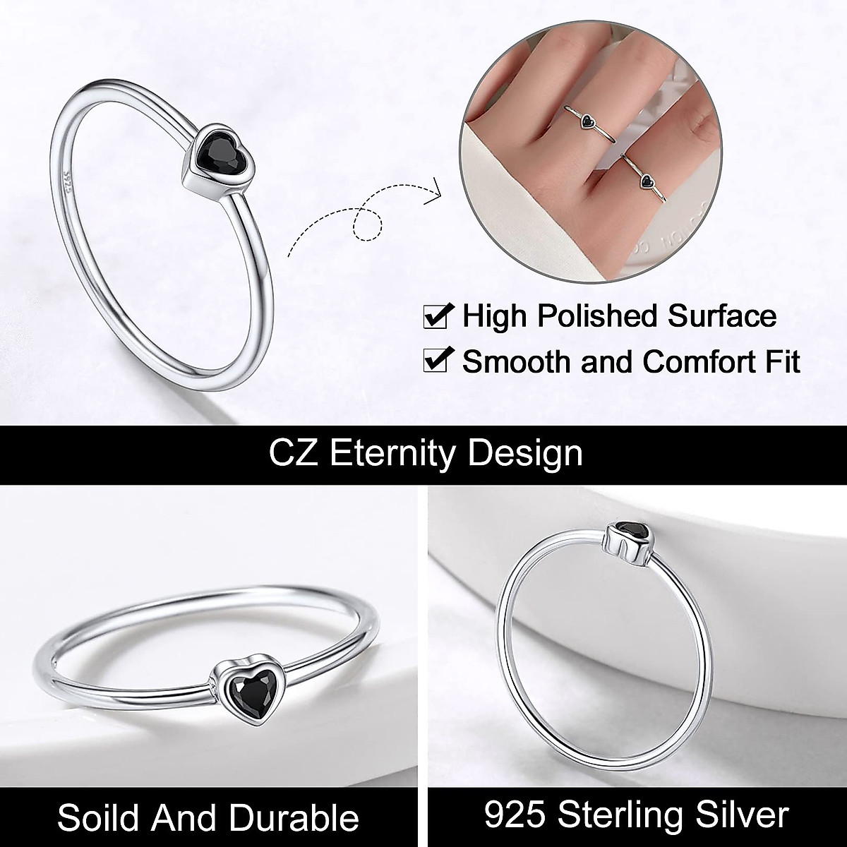 FOCALOOK 925 Sterling Silver Ring for Women, Heart Black Cubic Zirconia CZ Eternity Simple Stackable Engagement Wedding Promise Band Ring for Her Size 9