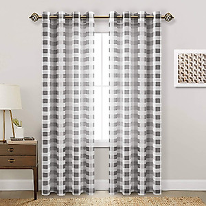 Hiasan Buffalo Plaid Sheer Curtains - Light Filtering Voile Checkered Curtains for Living Room and Bedroom, 52 X 84 Inches Long, Set of 2 Window Curtain Panels, Grey and White