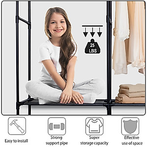 Clewiltess Garment Freestanding Clothes Organizer Closet, Metal Hanging Storage Organizer Rack Wardrobe with Shelves& Hanging Rods,Clothes Hanger Organizer (Black)