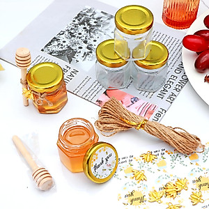 XING-RUIYANG 1.5 oz Glass Honey Jar- Small Hexagonal Honey Jars with Wooden Dipper Gold Lid Bee Charms Gold Gift Bags and Rope for Baby Shower Wedding Party Favors (50 PACK)