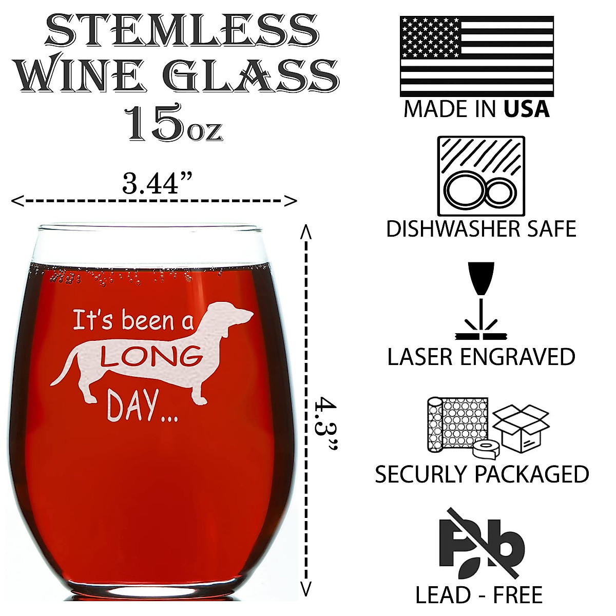 CARVELITA It's Been A Long Day 15oz Engraved, Sarcastic Gifts For Best Friends, Cute Funny Stemless Dachshund Wine Glass, For Her, Mom, Wife, Girlfriend, Sister, Grandmother, Aunt, Friends