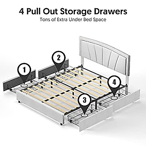BONSOIR Queen Size Storage Bed Frame Upholstered Low Profile Traditional Platform with Tufted and Nail Headboard/No Box Spring Needed/4 Pull Out Drawers/Light Grey Linen Fabric (Queen Size)