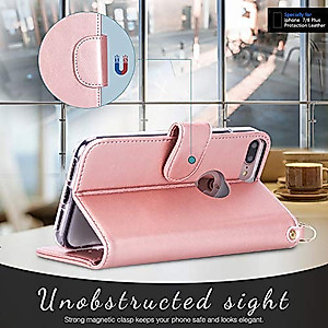 FYY for iPhone 8 Plus Case/iPhone 7 Plus Case, PU Leather Flip Wallet Phone Case with Card Holder Wrist Strap Kickstand Protective Cover for iPhone 7 Plus/8 Plus 5.5" Rose Gold