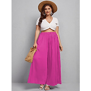 WDIRARA Women's Plus Size Pleated Elastic Waist Wide Leg Casual Long Pants Hot Pink 1XL