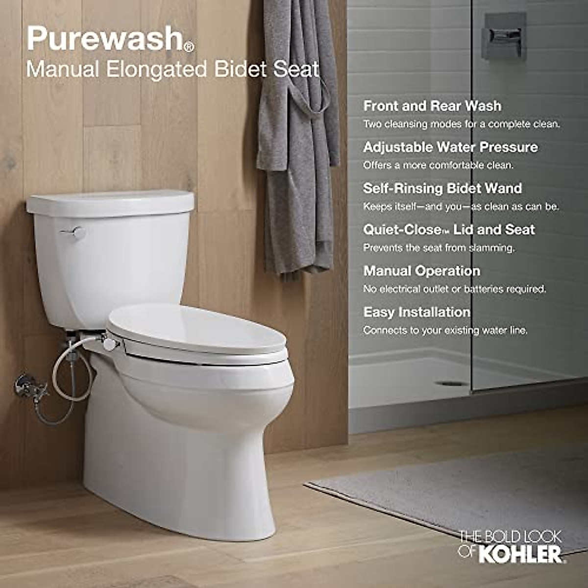 KOHLER 98804-CP-0 Purewash M300 Elongated Manual Bidet Toilet Seat With Chrome Handle, Non-Electric Bidets for Existing Toilets, White