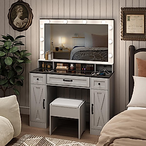 Vabches Vanity Desk with Mirror and Lights,Glass Top,Makeup Vanity Table Set with Stool,Charging Station and 3 Lighting Modes,2 Cabinets 4 Drawers Dressing Table，White