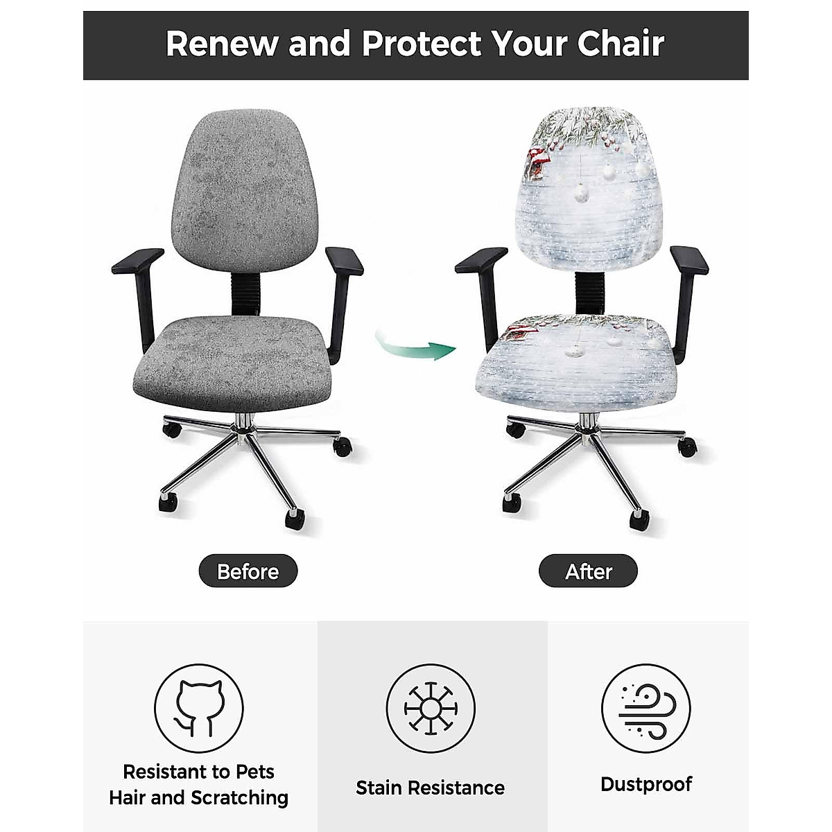 Christmas Ball Office Chair Cover Stretchable Computer Chair Seat Cover Backrest Slipcovers, Stretchable Rotating Desk Chair Seat Cushion Split Protectors Winter Snowy Pine Tree Leaves Farmhouse