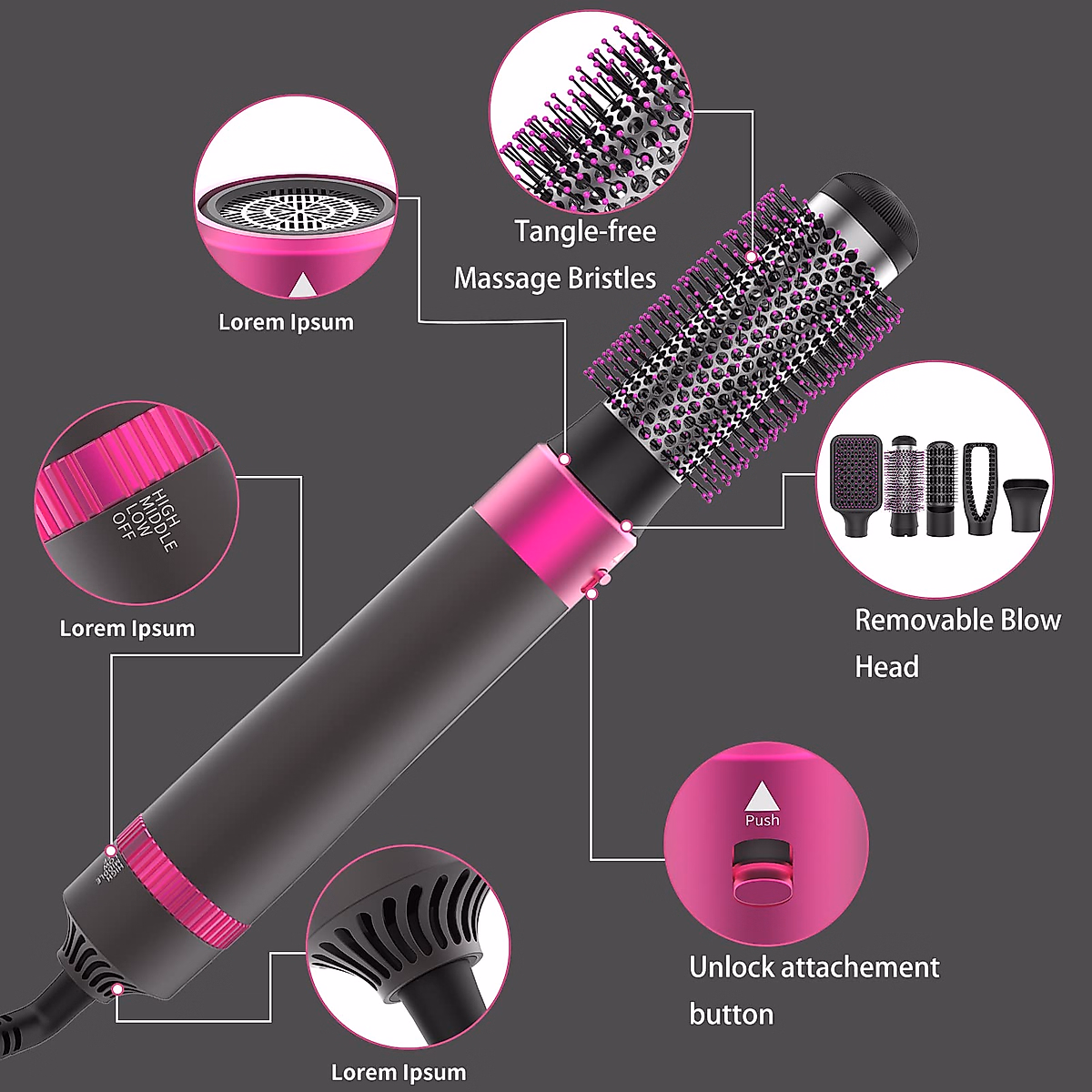 5 in 1 Styling Hot Air Brush with Negative Ion - Detachable and Interchangeable Bristles for Straightening, Curling, Drying, Combing, and Scalp Massage - Heat Brush with Glove