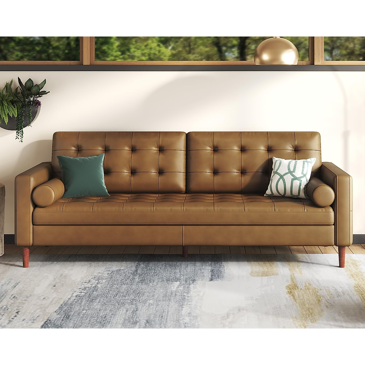 AMERLIFE Genuine Leather Sofa, Mid-Century Modern Leather Couch,3 Seater with Tufted Back, Comfy Sofa for Living Room-Brown Full Grain Leather Couch