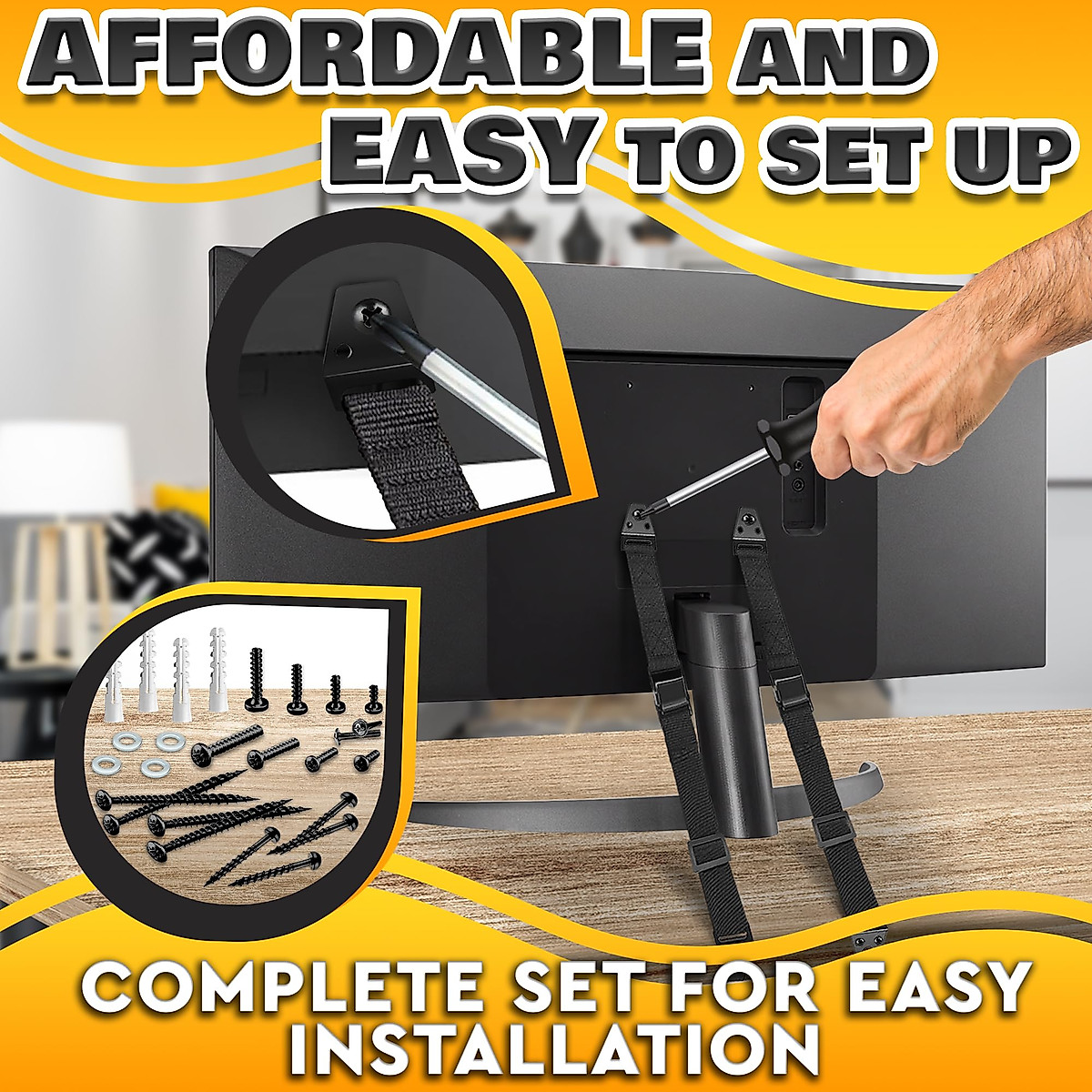 Tv Straps Safety for Flat Screen - Wall Mount TV Bracket Strap Anti Tip Furniture Anchors to Wall Strap Proof Cabinet Latches Proof Straps Tv Wall Anchor Earthquake Straps for Furniture