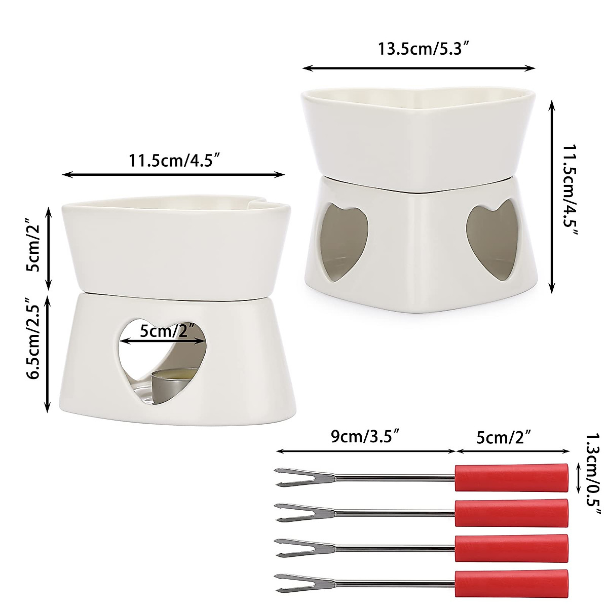 BSTKEY White Ceramic Butter Warmer Set, Heart Shaped Fondue Pot Melting Pot Set, Melt Hot Pot Bowl Set for Cheese Chocolate Butter Caramel, with 4 Forks