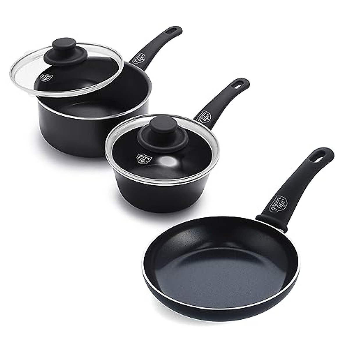 GreenLife Soft Grip Healthy Ceramic Nonstick, 1QT and 2QT Saucepan Pot Set with Lids and 8" Frypan Skillet, PFAS-Free, Dishwasher Safe, Black