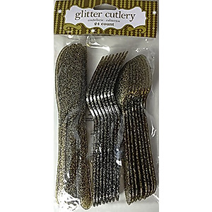 Creative Converting 24-Piece Premium Plastic Assorted Cutlery, Glitz Gold Glitter - 019805