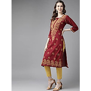 Ada Hand Embroidered Indian Traditional Chikan Women's Cotton Kurti Kurta Tunic Dress A188266 (XL, Maroon)