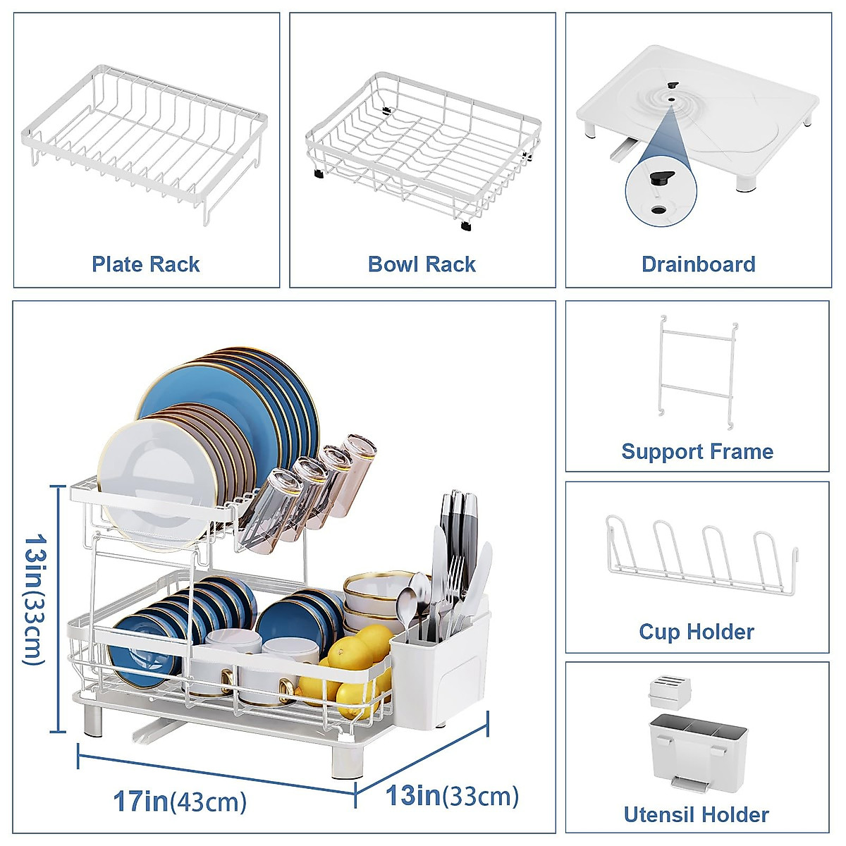 MOUKABAL White Dish Drying Rack- Durable Large Dish Racks for Kitchen Counter, Dish Drainer with Drainboard,Kitchen Organization and Storage for pioneer woman kitchen accessories (2 Tier