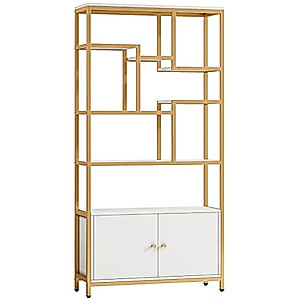 Tribesigns White Gold Bookshelf Bookcase with Doors 74 Inches Tall Bookshelf, Modern Gold Bookshelf 6 Tier Display Shelf Etagere Bookcase Narrow Metal Bookshelf for Living Room, Bedroom, Office