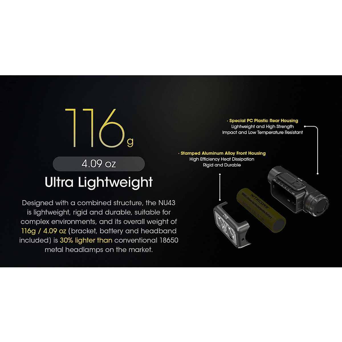 Nitecore NU43 Rechargeable Headlamp, 1400 lumens USB-C Bright Lightweight for Camping, Running, or Working, with Spotlight, Floodlight, Red Light
