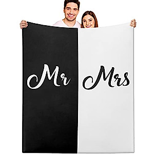 Redbaker Mr and Mrs Black and White Stitching Blanket Honeymoon Just Married Blanket Bride and Groom Gift Wedding Blanket for Couples Summer Air Conditioning Room Christmas Valentine's Day Gift
