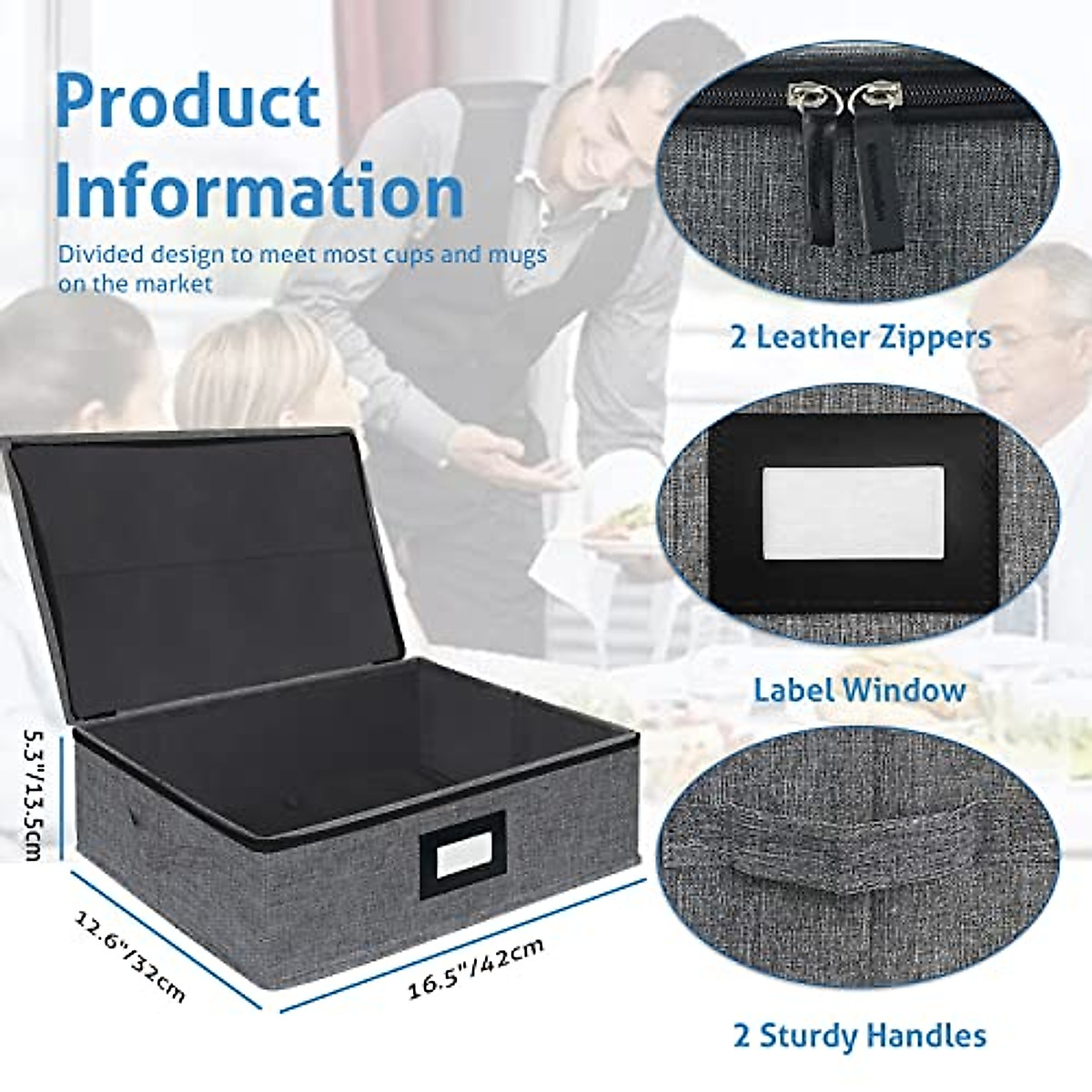 homyfort Platter Storage Case Stackable-China Storage Containers,with Hard Lid Height of 5.3'' and Quilted and Padded Surfaces - Structured Top, Bottom and Sides,4 Felt Dividers Included(Dark Grey)