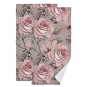 JUAMA Vintage Pink Rose Flowers Grey Leaf Retro Floral Hand Towels 2-Pack Fingertip Towels Absorbent Hand Towels for Bathroom Decorative Set Lightweight Bath Towels 28x14 Inches
