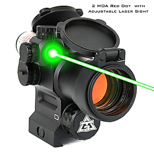 AT3 LEOS Red Dot Sight with Integrated Green Laser Sight - 2 MOA Red Dot Scope with Flip Up Lens Caps