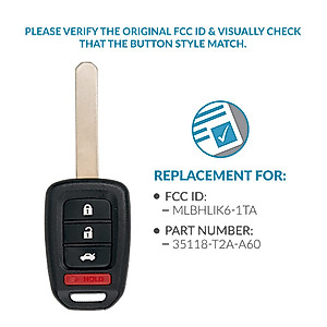 Keyless2Go Replacement for Keyless Entry Remote Car Key Fob for Select 2016 2017 Honda Accord & Civic Vehicles 35118-T2A-A60