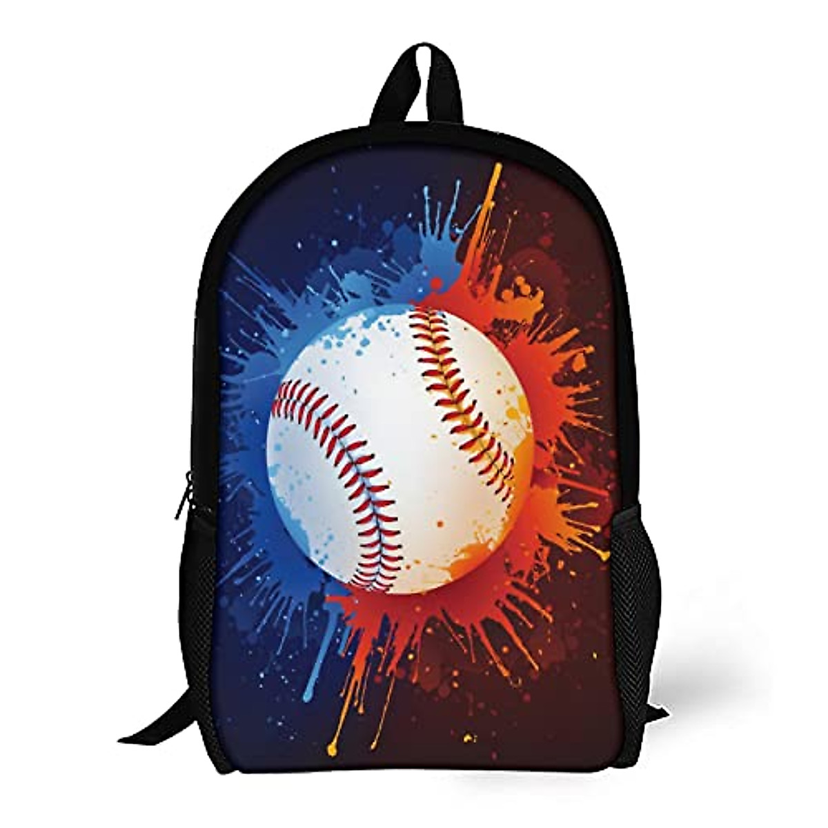 WZOMT Boys Baseball School Backpack Water Fire Baseball Blue Red Splash on Black Knapsack Fashion Laptop Bags Water Resistant Travel Hiking Daypack Bookbag for Kids Girls 17" Durable Rucksack