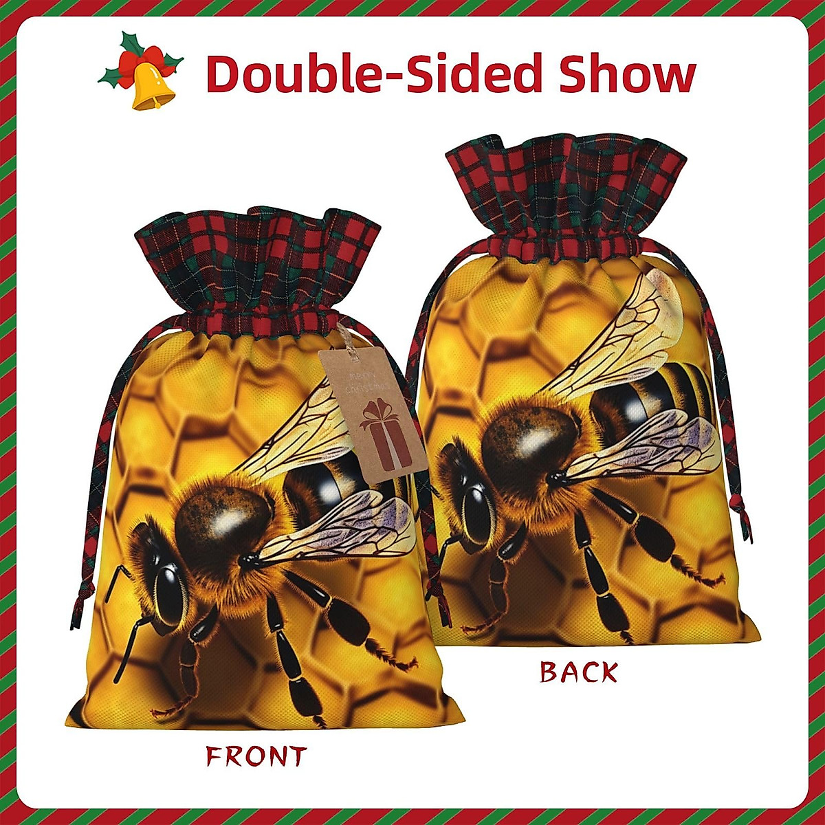 EVANEM Christmas Gift Bags with Drawstring Burlap Gift Bags Honeybee Christmas Linen Bags for Xmas Party Candy Bags with Cards Xmas Reusable Wrapping Bags Christmas Linen Treat Bags for Holiday