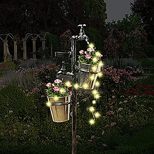 MorTime Solar Faucet Garden Stake with Two Planters, LED Lights Flowing Water Retro Metal Faucet Yard Stake Outdoor Plant Holder Flower Pots for Lawn Garden Decorations