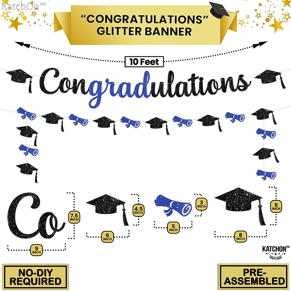 KatchOn, Glitter Congratulations Banner - 10 Feet | Pre- Strung Congrats Grad Banner | Black and Blue Graduation Decorations Class of 2024 | Graduation Cap Garland for Congratulations Decorations