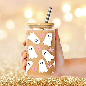 Lovearth Boho Ghost Iced Coffee Cup, 16oz Halloween Glass Cup with Lid and Straw, Ghost Daisy Coffee Tumbler, Fall Cup, Spooky Gifts, Halloween Lover Gifts, Boo Basket Stuffers for Women, Teens
