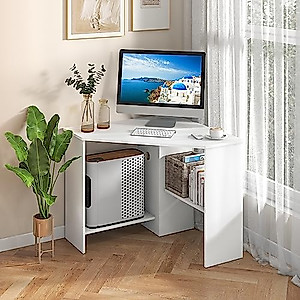 IFANNY Corner Computer Desk, 90 Degrees Triangle Desk w/Shelves & CPU Stand, Compact Corner Vanity Makeup Desk with Storage, Corner Desks for Small Spaces (White)